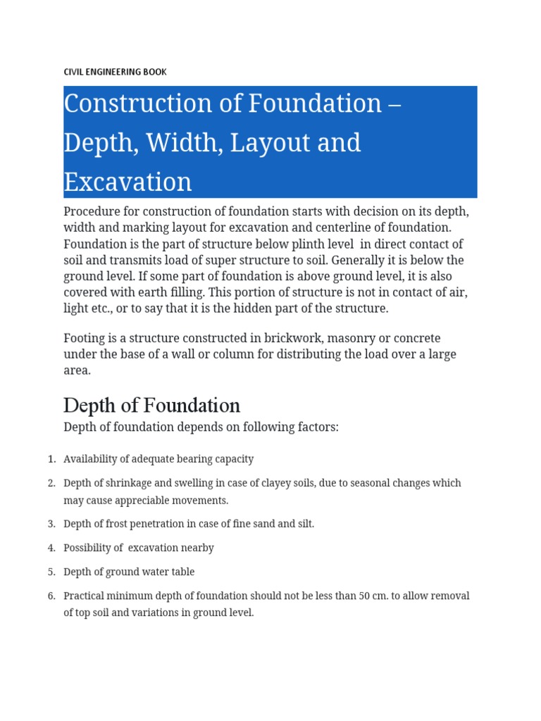 Foundation Construction: Depth & Layout Guide | PDF | Concrete | Brick