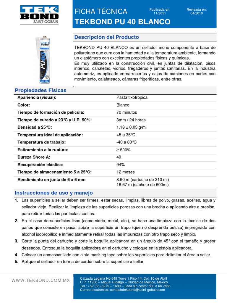 TEKBOND Poliuretano PU40 Blanco Rev 04 19 | PDF | Materiales | Química