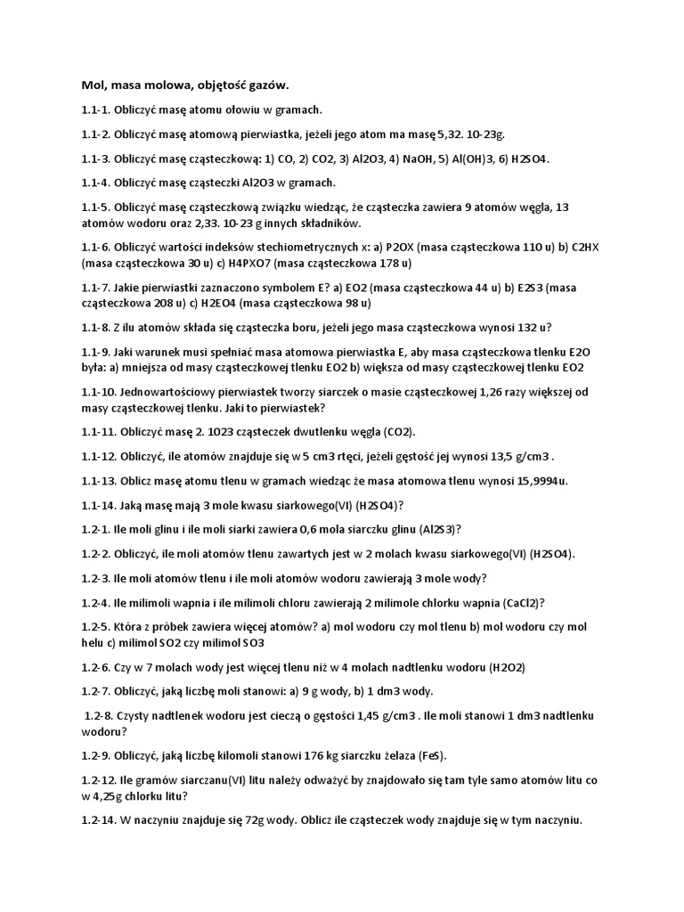 Mol, Masa Molowa, Objętość | PDF