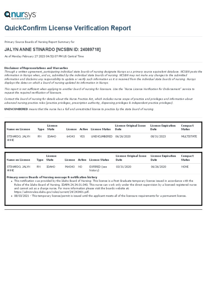 Nursys-Quickconfirm-License-Verification-Report 2023 02 27 | PDF ...