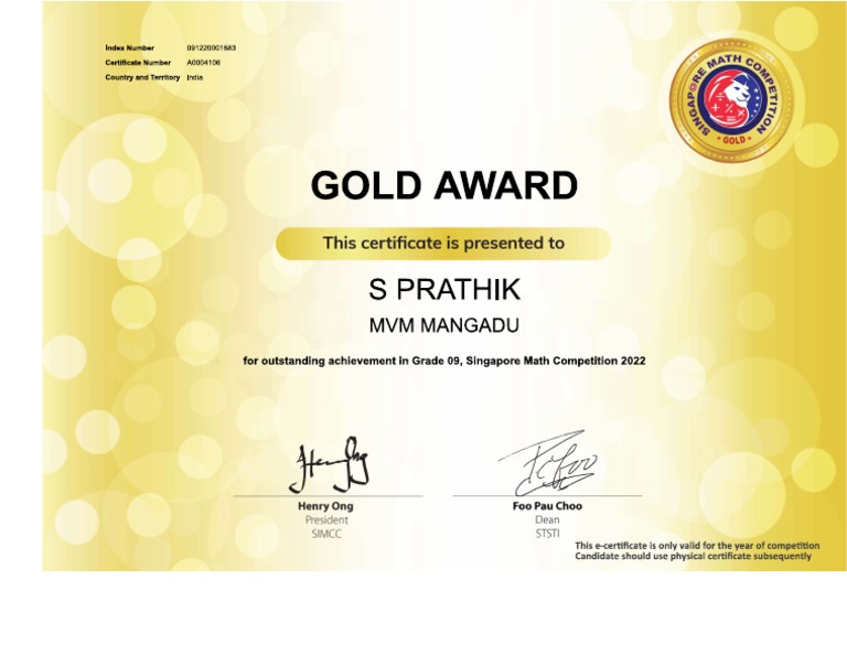 Singa Maths Certificate 1 | PDF