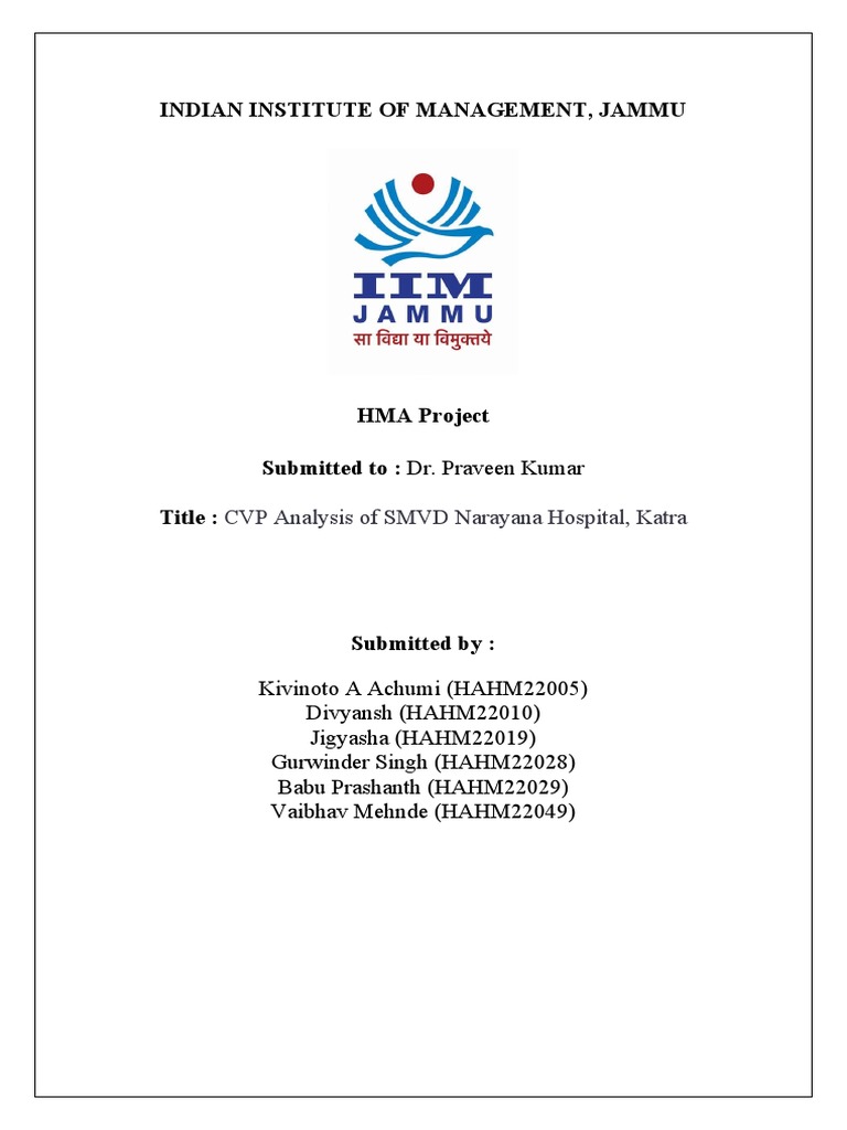 Indian Institute of Management, Jammu: CVP Analysis of SMVD Narayana Hospital, Katra | PDF ...