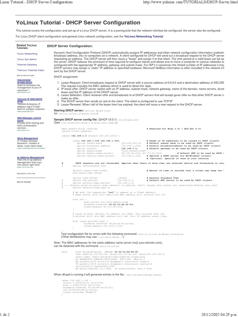 Linux Tutorial - DHCP Server Configuration | PDF | Ip Address | Computer Network