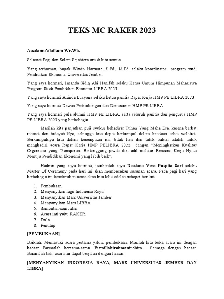 Teks MC Raker 2023: Assalamu'alaikum WR - WB | PDF | Karier & Perkembangan