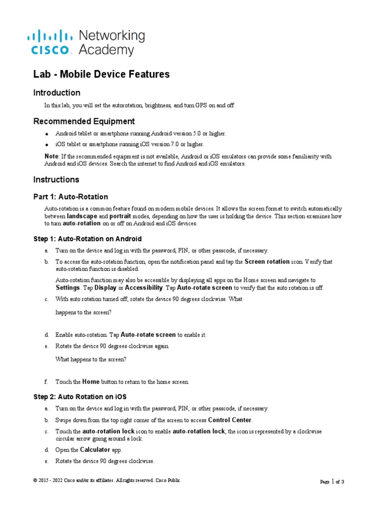 Lab - Mobile Device Features: Recommended Equipment | PDF | Ios | Android (Operating System)