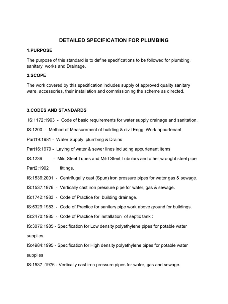 Detailed Specification of Plumbing | PDF | Plumbing | Drinking Water
