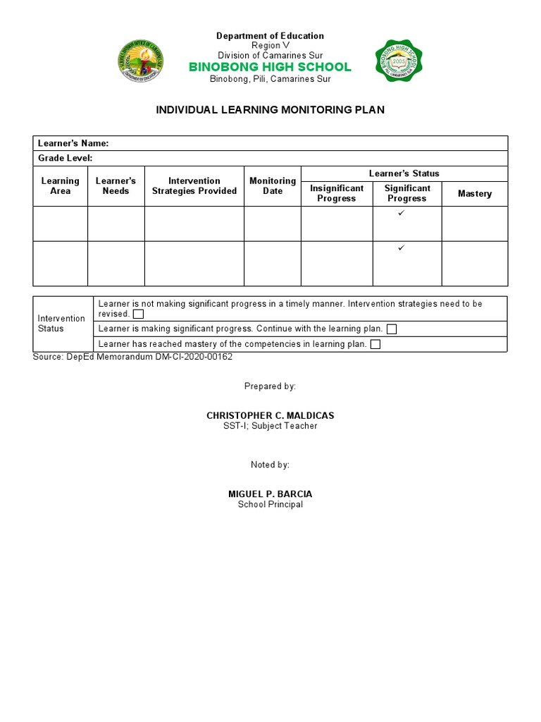 INDIVIDUAL LEARNING MONITORING PLAN (Ilmp) | PDF INDIVIDUAL LEARNING MONITORING PLAN (Ilmp) | PDF