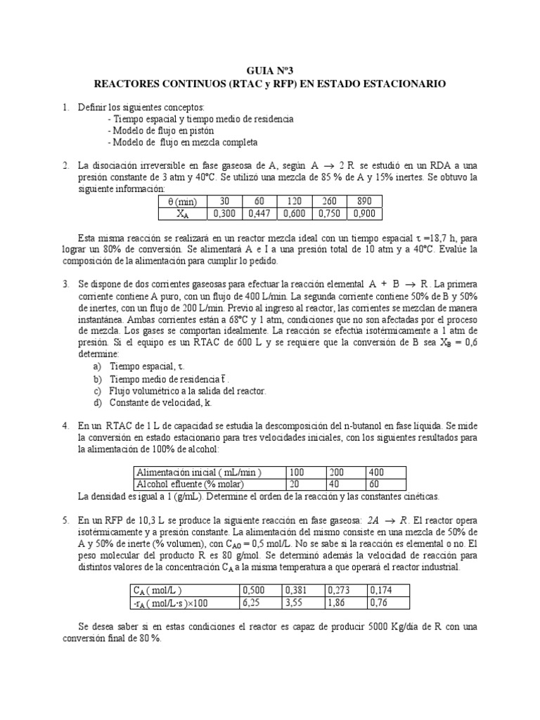 Guía #3 - Reactores Continuos en Estado Estacionario | PDF | Reactor Quimico | Gases
