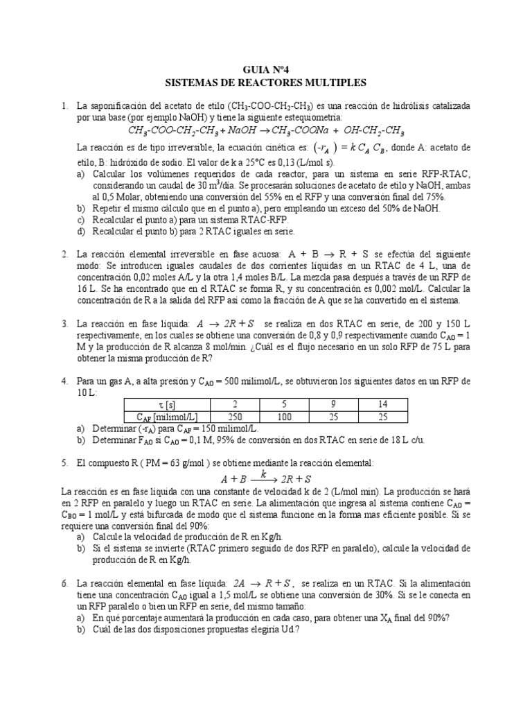 Guía #4 - Reactores Multiples | PDF | Reactor Quimico | Hidróxido de sodio