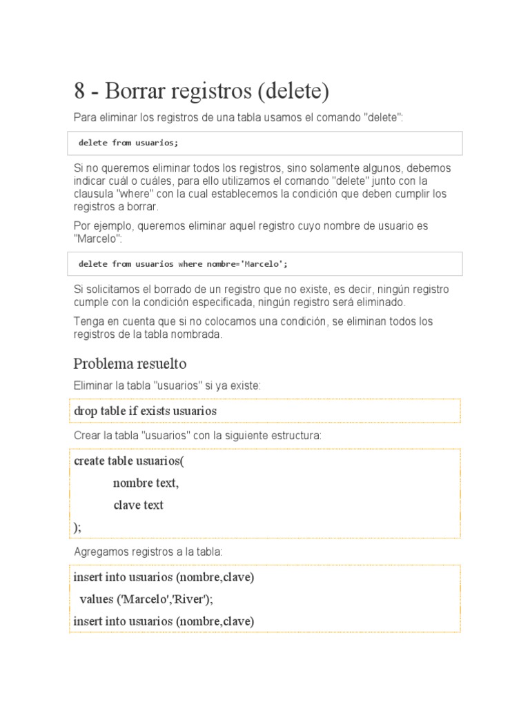 8 - Borrar Registros (Delete) | Descargar gratis PDF | Informática