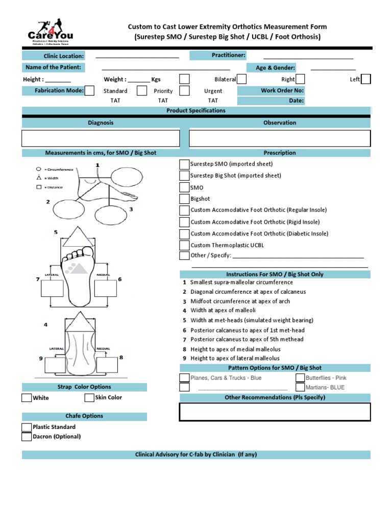 Care4You Measurement Forms SMO BIGSHOT FOOT ORTHOSES | PDF | Foot ...