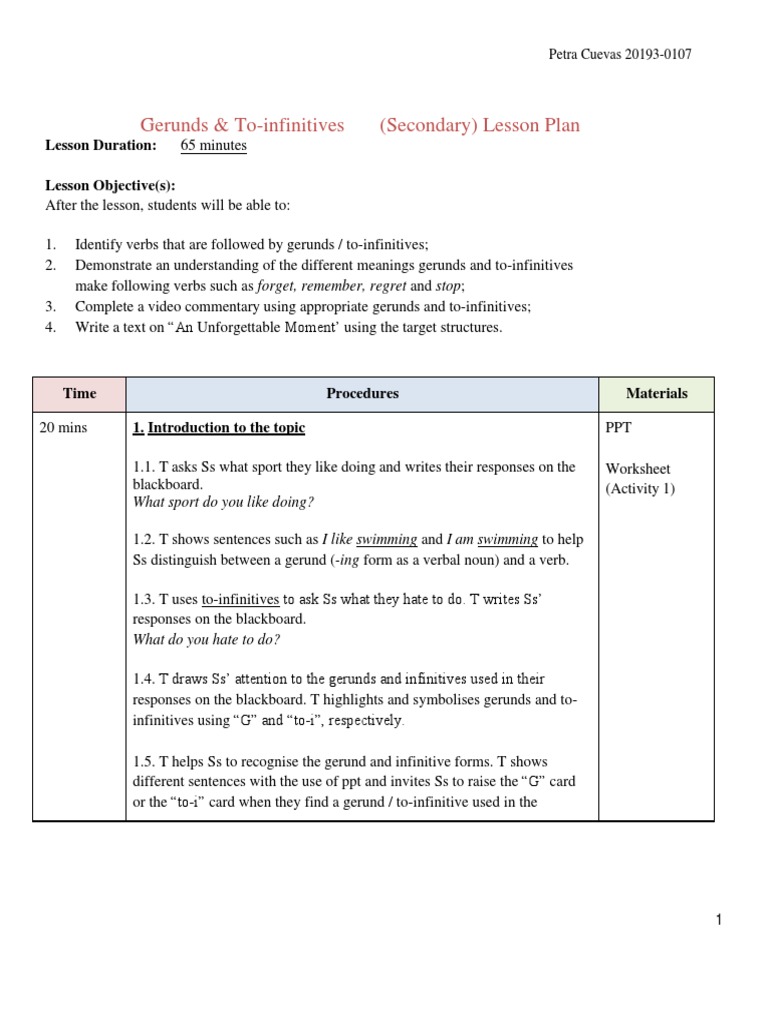 Gerunds Infinitives Junior Secondary Lesson Plan Petra | PDF