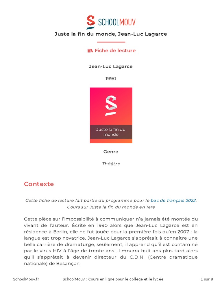 Juste La Fin Du Monde Jean Luc Lagarce - Fiche de Lecture | PDF ...