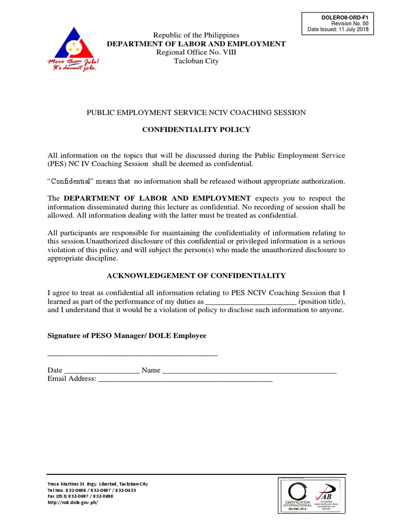 Confidentiality Policy For Pes Nciv Coachin Session | PDF