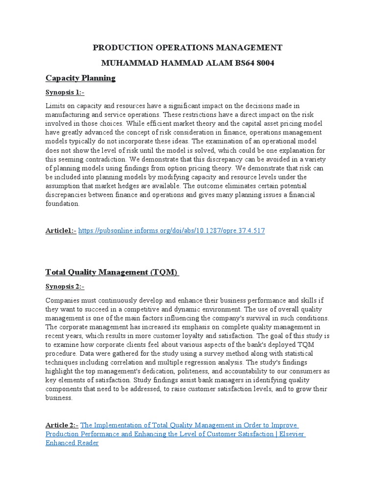 Production Operations Management Muhammad Hammad Alam Bs64 8004 ...