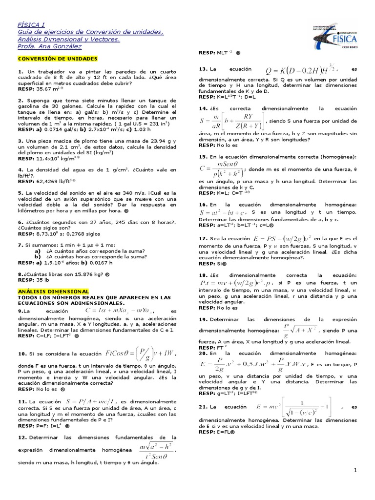 Guía de Ejercicios de Conversión de Unidades, Análisis Dimensional y Vectores 1-2014 | PDF ...