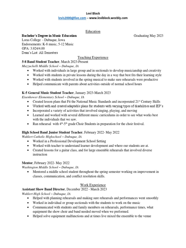 Levi Block Resume No Ad | PDF | Teachers | Music Education