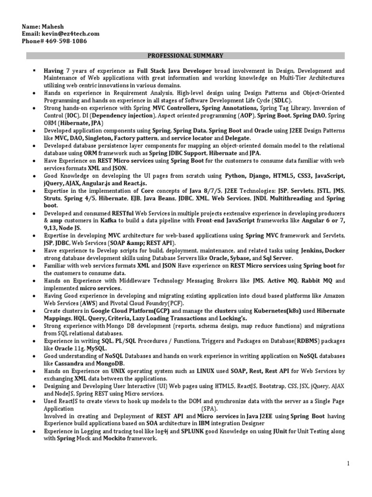 Java Developer Resume Summary | PDF | Spring Framework | Representational State Transfer