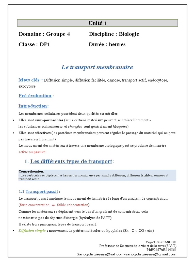 1.4. Le Transport Membranaire | PDF | Membrane cellulaire | Neurone