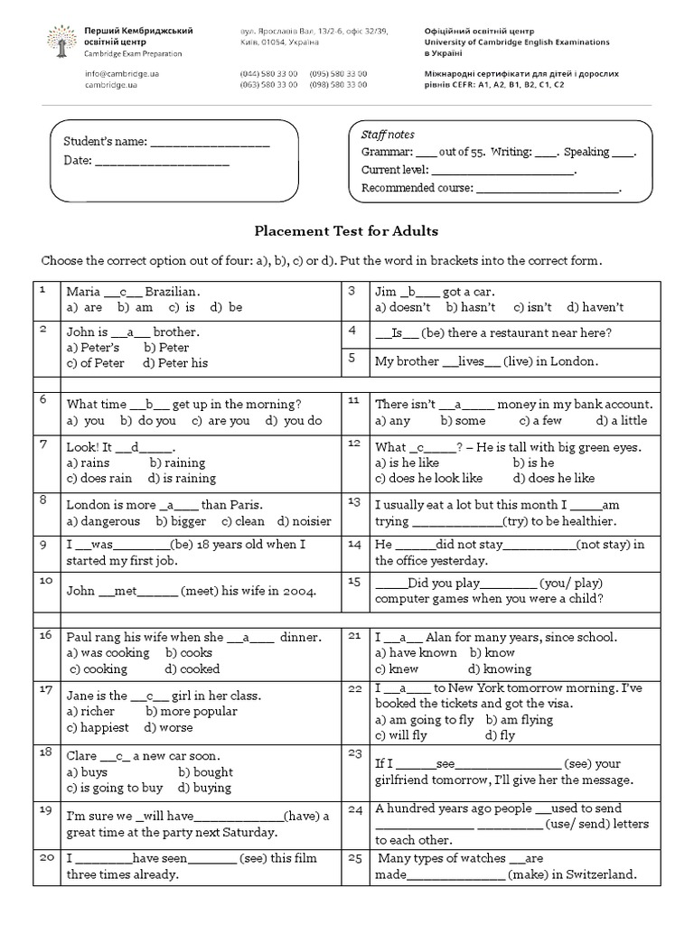 Adult English Placement Test | PDF