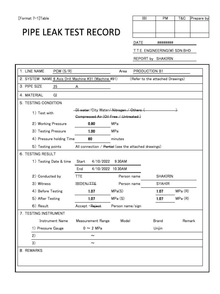 Pipe Leak Test Report for 6 Axis Drill | PDF | Leak | Gas Technologies