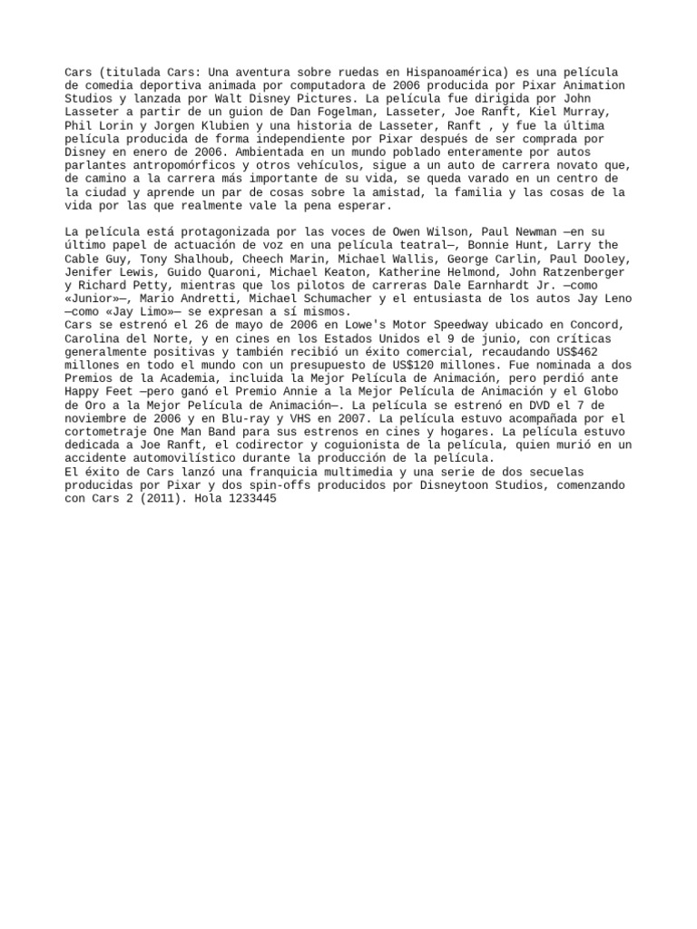 Cars: Comedia Animada de Pixar 2006 | PDF