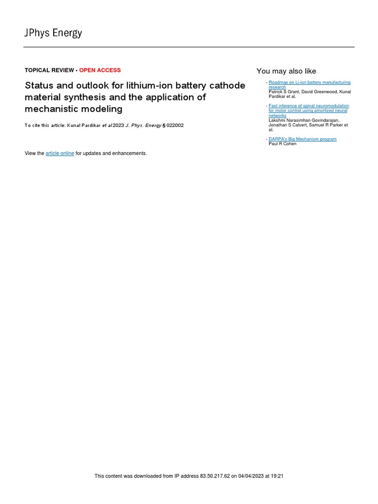 Pardikar 2023 J. Phys. Energy 5 022002 | PDF | Lithium Ion Battery | Physical Sciences
