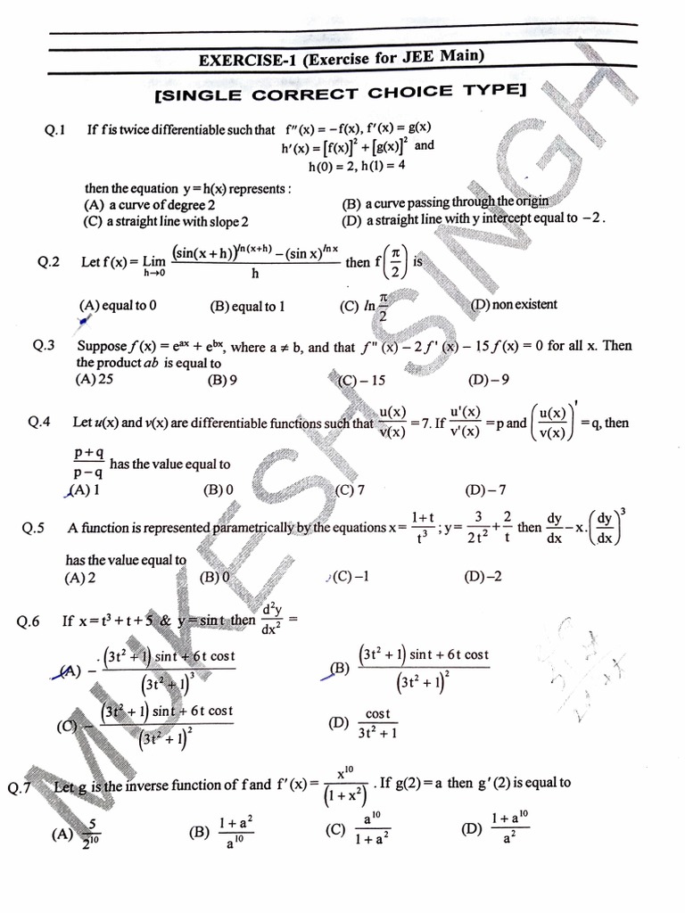 JEE Main Calculus Practice | PDF | Algebra | Mathematical Objects