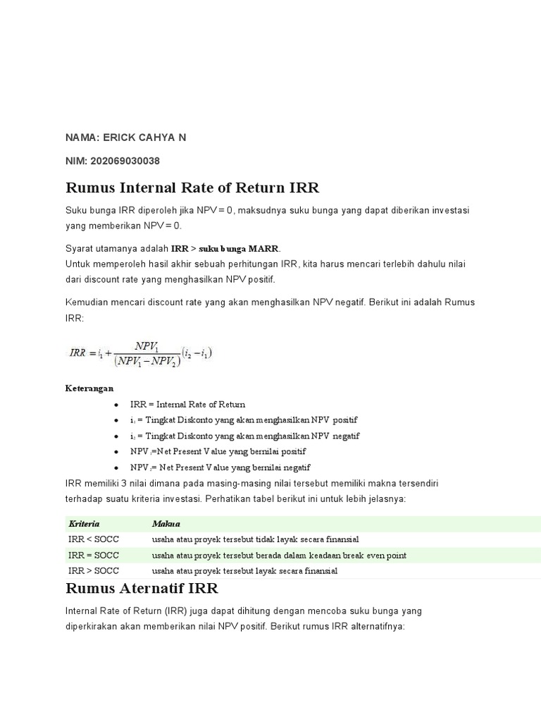 MENGERTIKAN RUMUS IRR DAN ANALISIS KEUANGAN PROYEK INVESTASI | PDF
