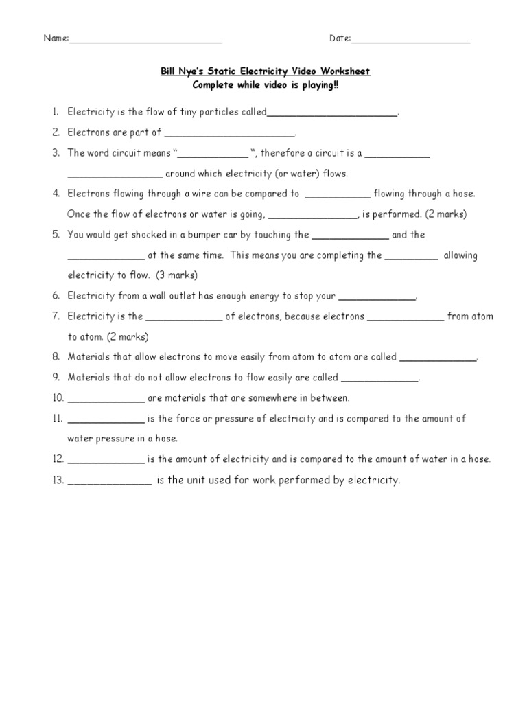 Bill Nye Static Electricity Worksheet | PDF | Electricity | Electron