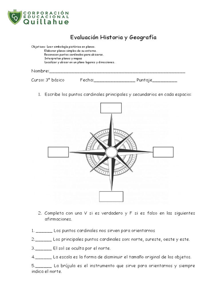 Evaluación de Puntos Cardinales 3° Básico | PDF