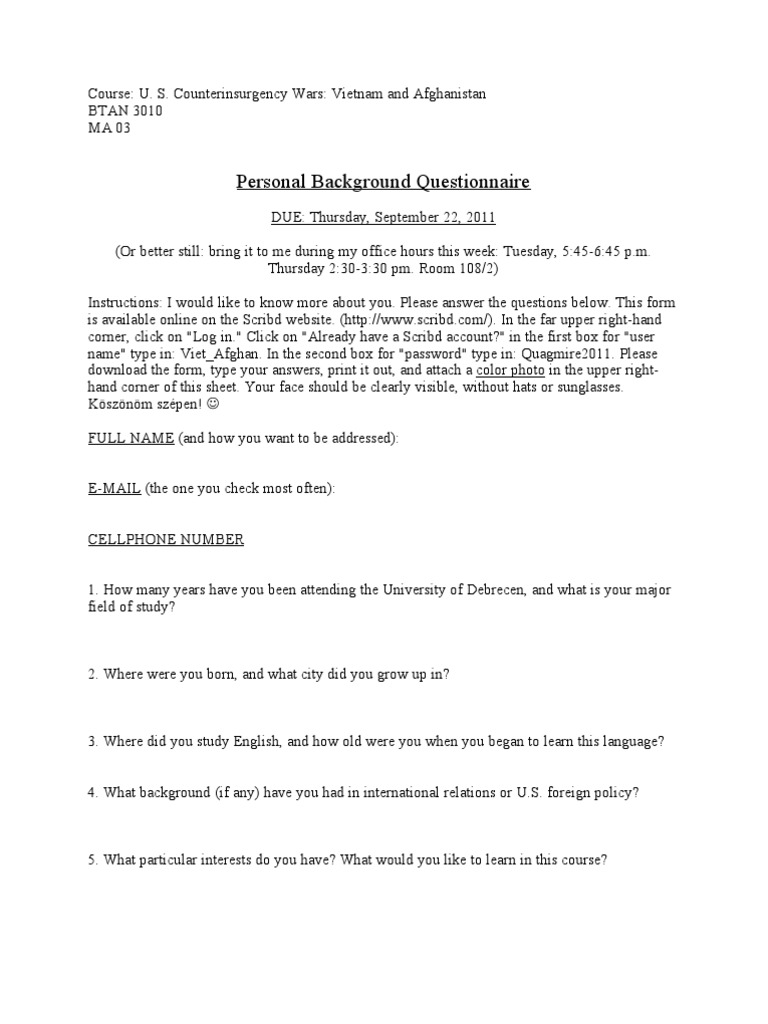 U.S. Counterinsurgency Course Questionnaire | PDF