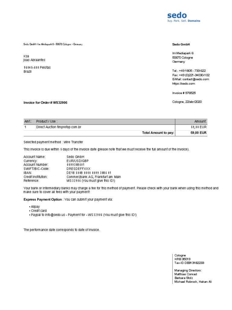 WS32906 Invoice | PDF | Payments | Wire Transfer