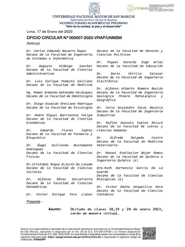 OFICIO CIRCULAR-000007-2023-VRAP Dictado de Clases 18,19 y 20 de Enero 2023, Serán de Manera ...