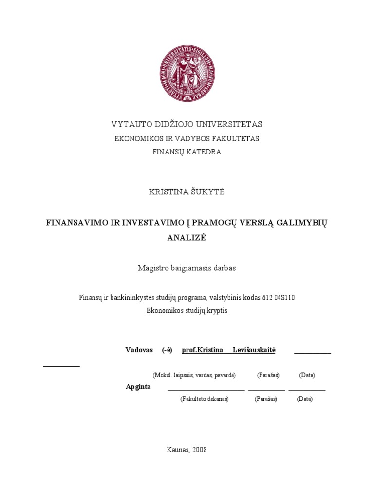 Vytauto Didžiojo Universitetas: Ekonomikos Ir Vadybos Fakultetas Finansų Katedra | PDF