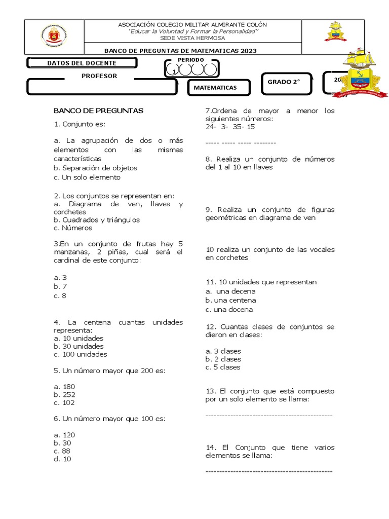 Banco de Preguntas - Matematicas - 1° Periodo 2023 | PDF