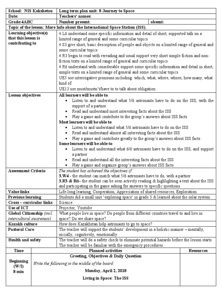 English Grade 4 Unit 7journey Into Space LP | PDF | Learning | Reading ...