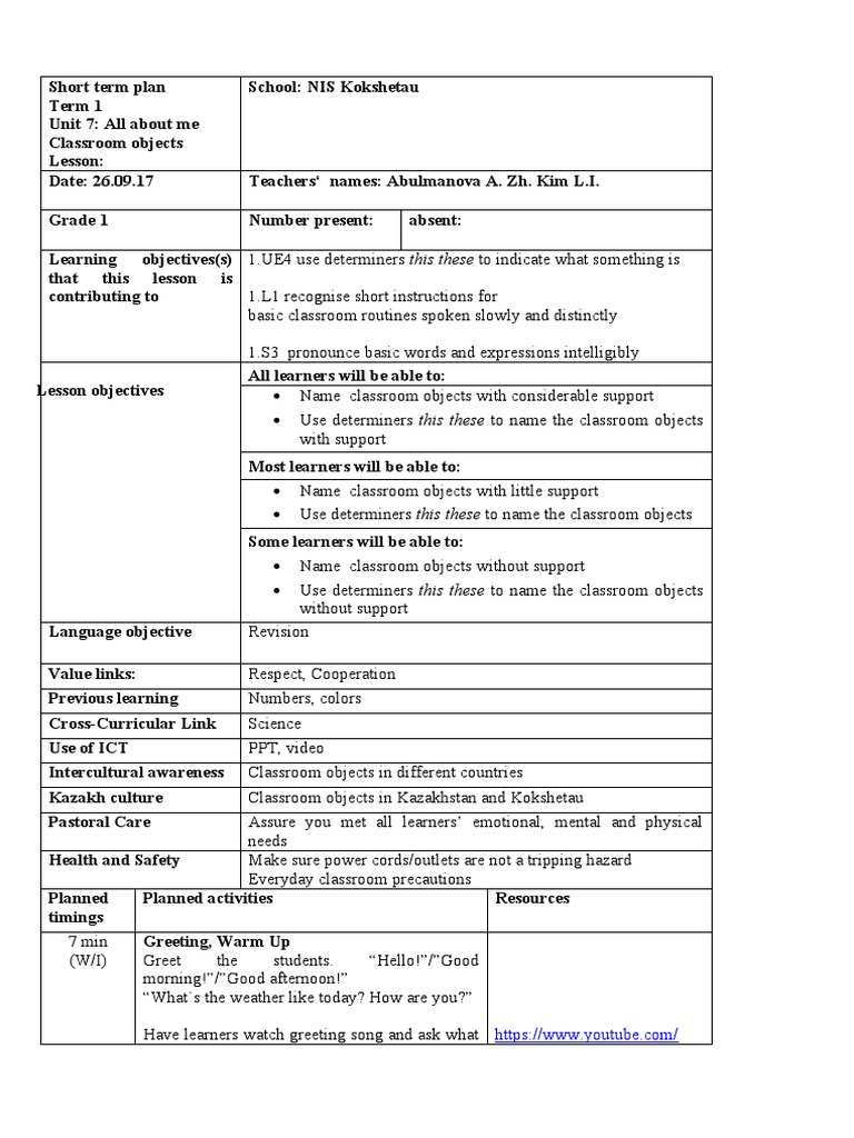 English Grade 1 Unit 2 My School Classroom Objects LESSON PLAN | PDF | Learning | Classroom