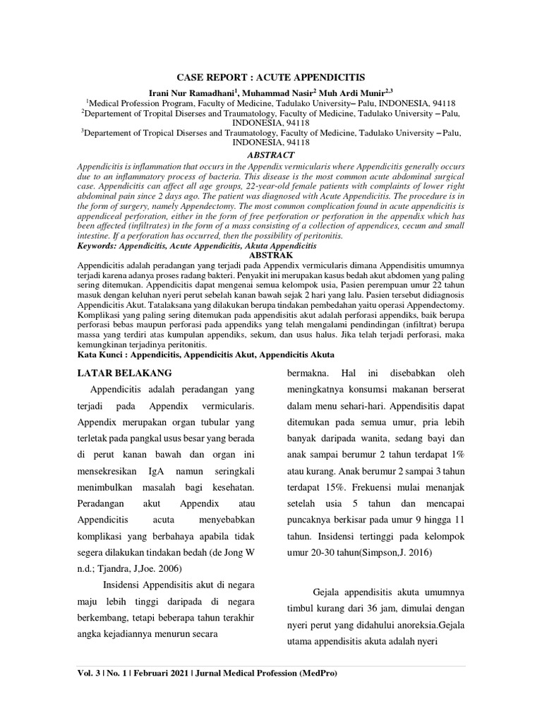 Case Report: Acute Appendicitis: Irani Nur Ramadhani, Muhammad Nasir Muh Ardi Munir | PDF