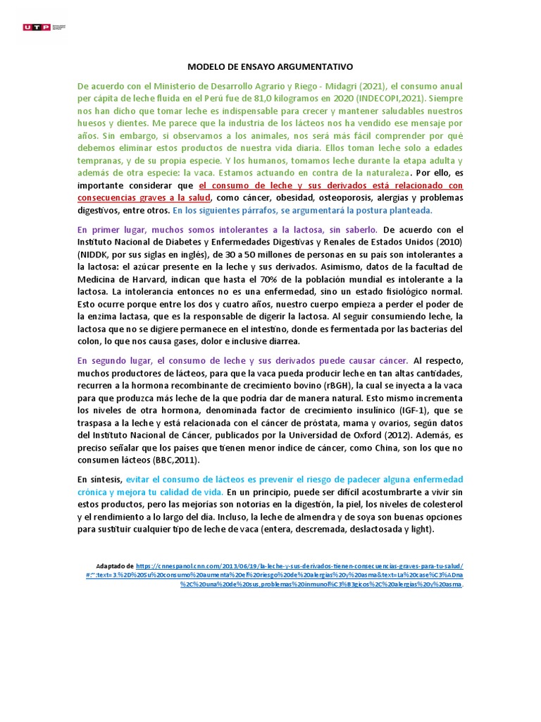 MODELO DE ENSAYO ARGUMENTATIVO | PDF | Leche | Vacas