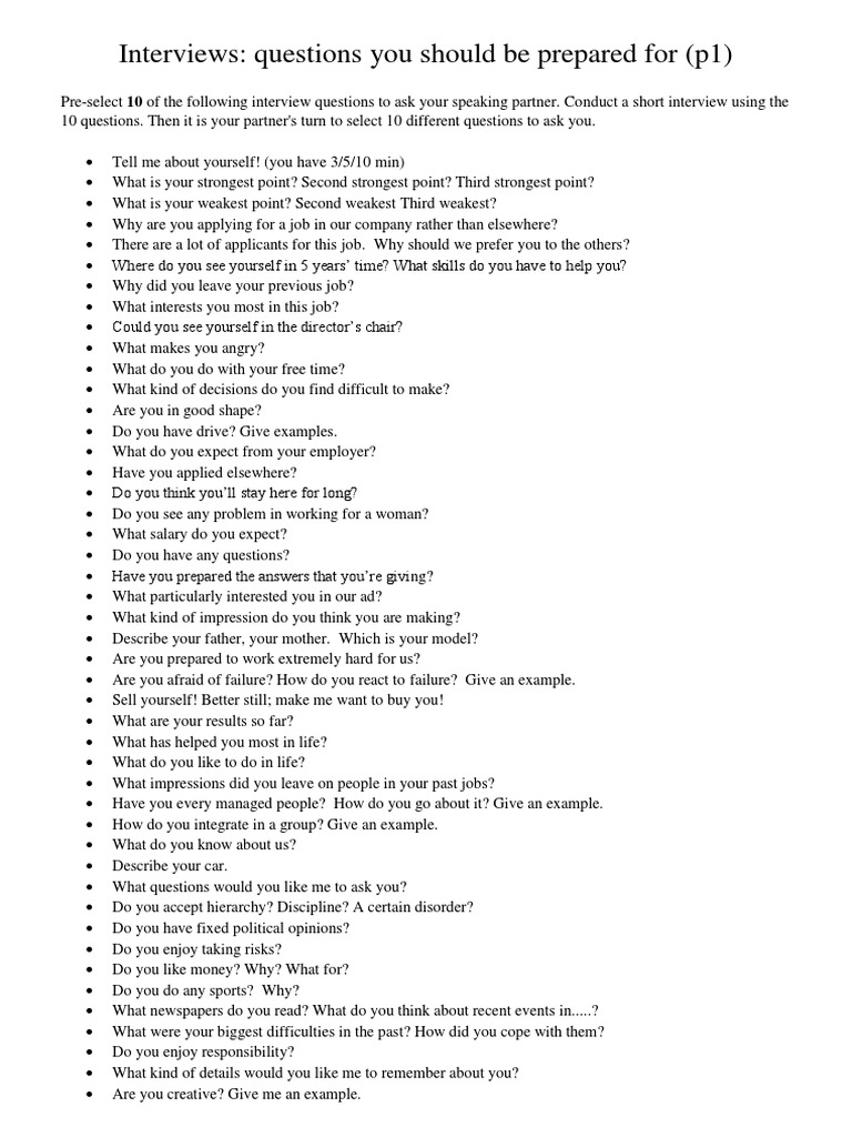 Interviews - Questions You Should Be Prepared For (UPP INT) | PDF ...
