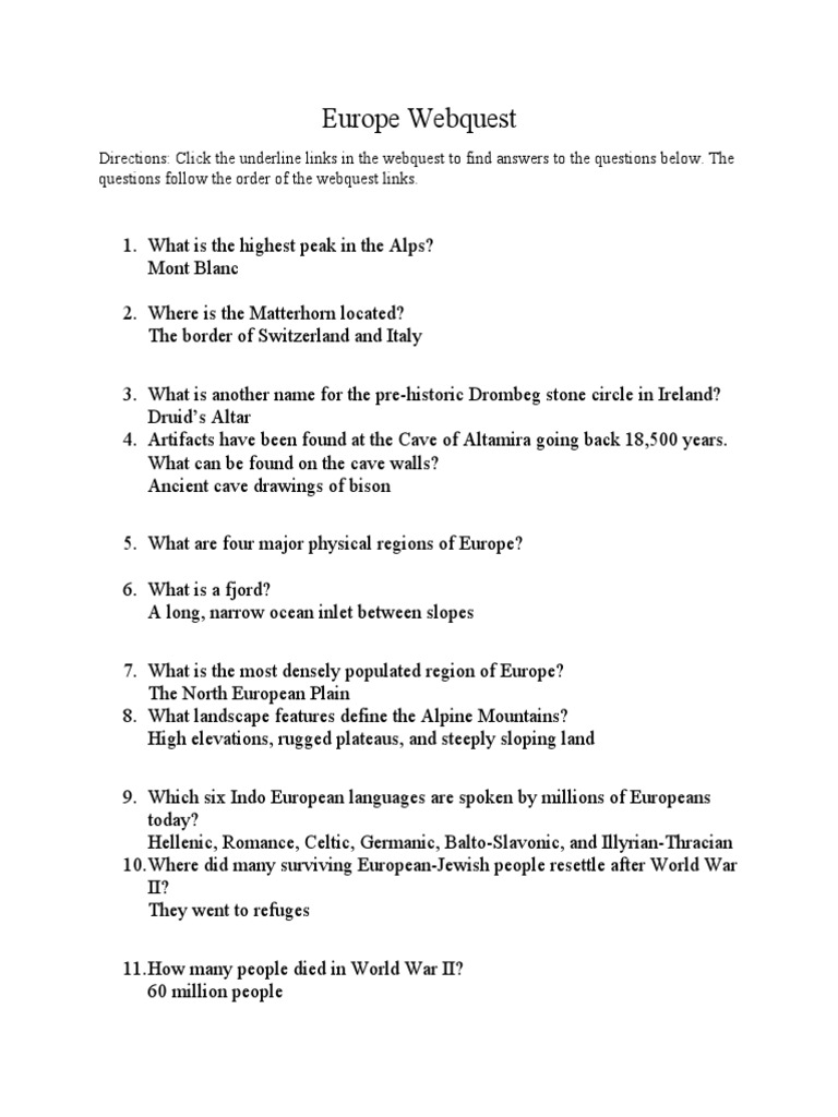 Europe Webquest Worksheet | PDF