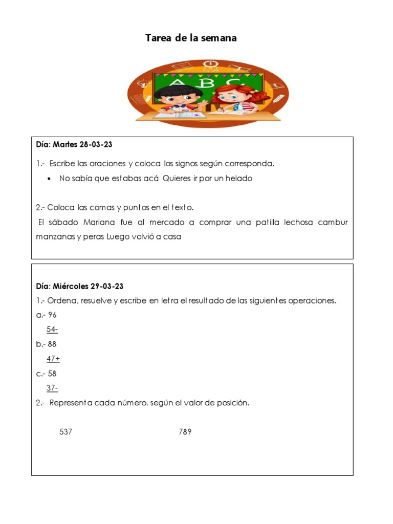 Tarea de La Semana: Día: Martes 28-03-23 | PDF | Artes del Lenguaje y ...