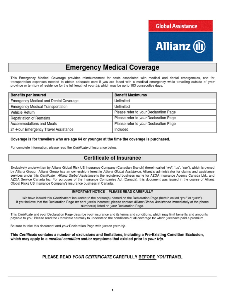 Emergency Medical Coverage Certificate | PDF | Insurance | Hospital