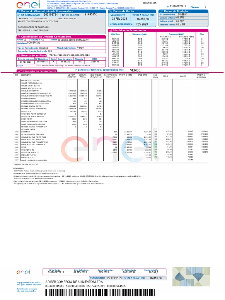 Fatura Enel | PDF | Indústrias de serviços | Engenharia Elétrica