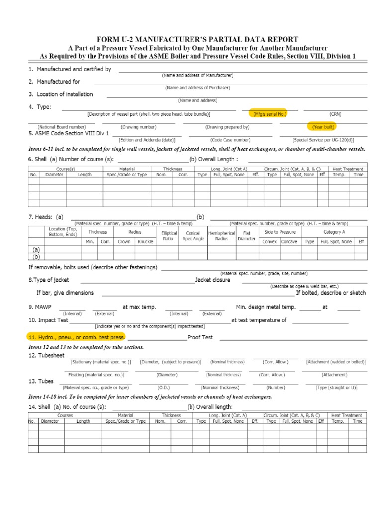 Form U-2 Manufacturer's Partial Data Report | PDF