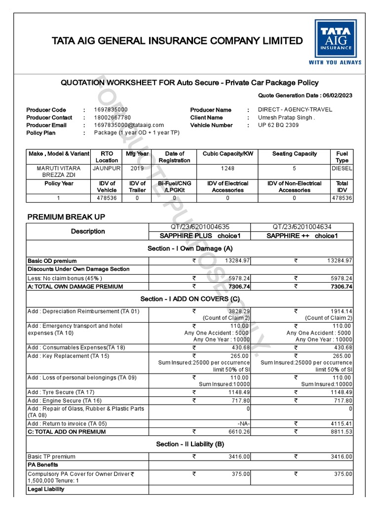 FO R Q U O TE P U R P O S E O N LY .: Tata Aig General Insurance ...