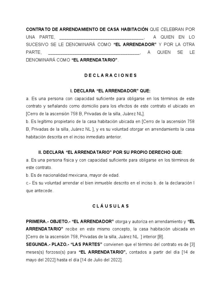 Machote de Contrato de Renta de Casa Sencillo | PDF | Justicia | Crimen ...