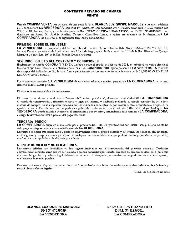Contrato Compra Venta de Terreno | PDF
