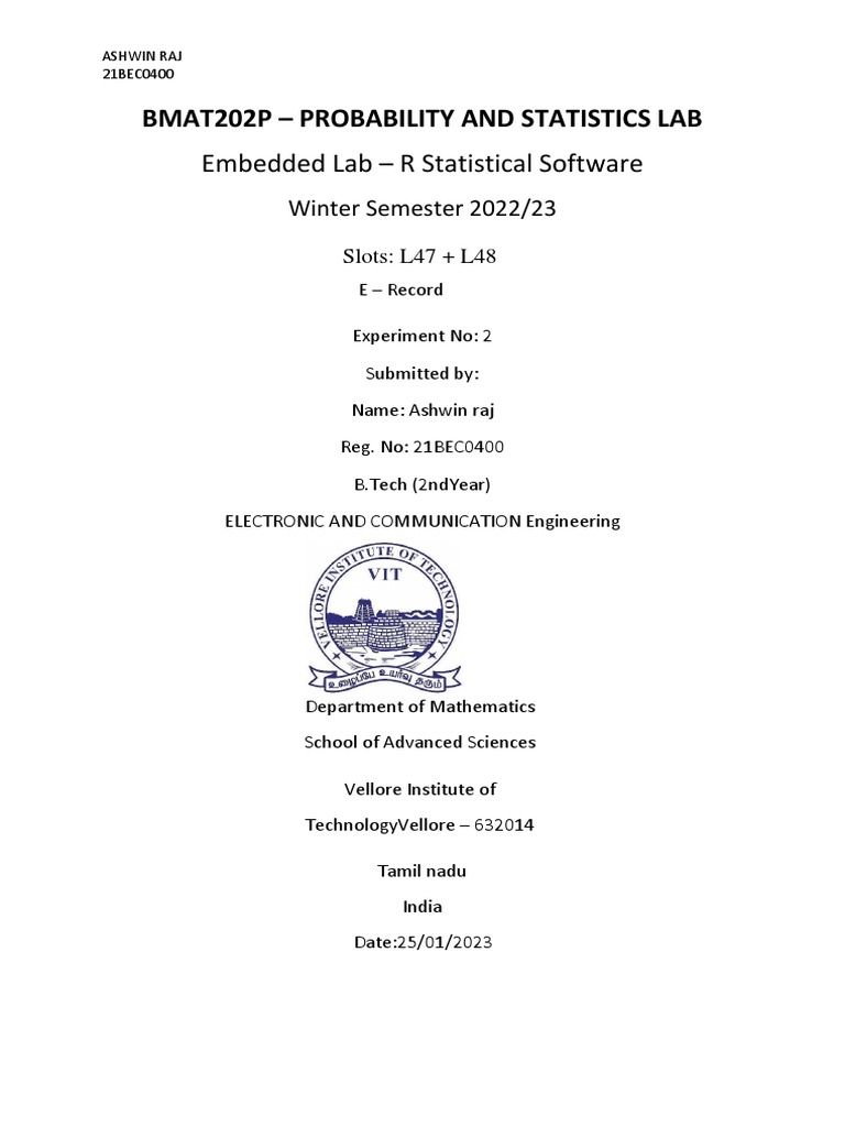 Bmat202P - Probability and Statistics Lab: Embedded Lab - R Statistical ...